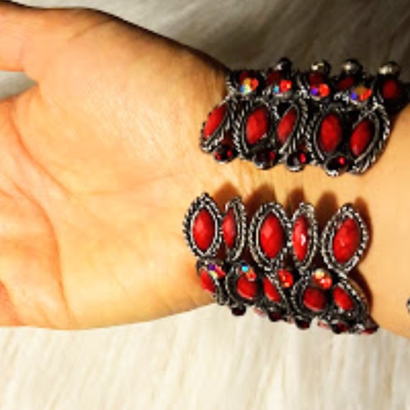 Jewelry | Red Cuff Metal Cuff Rhinestone Bracelet | Poshmark